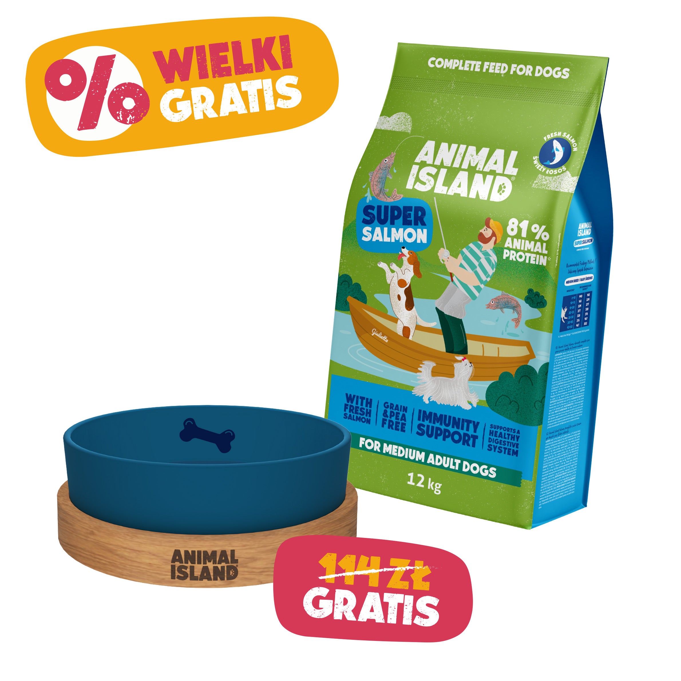 Zestaw Animal Island: karma z łososiem 12 kg + Miska z podstawką GRATI